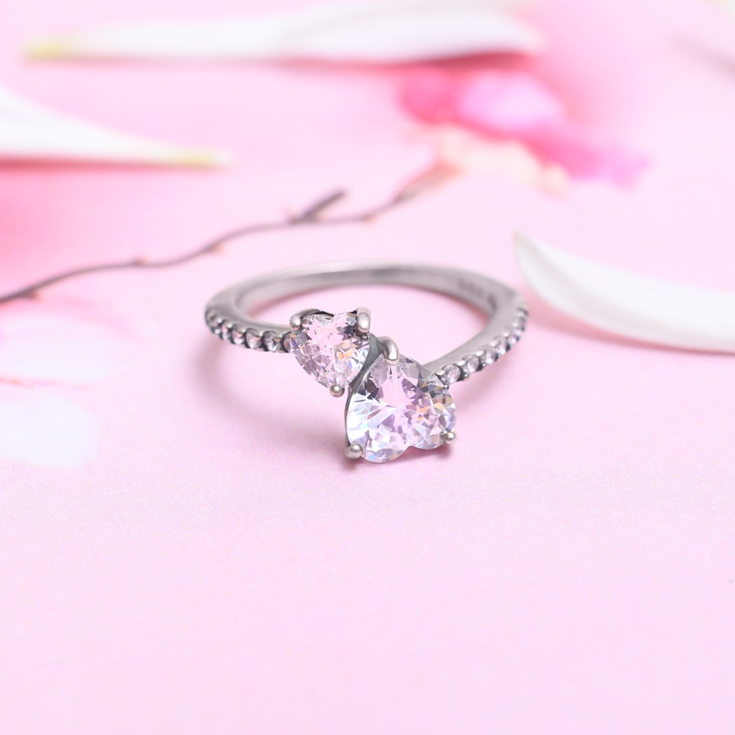 Silver Sparkling Solitaire Heart Embrace Ring